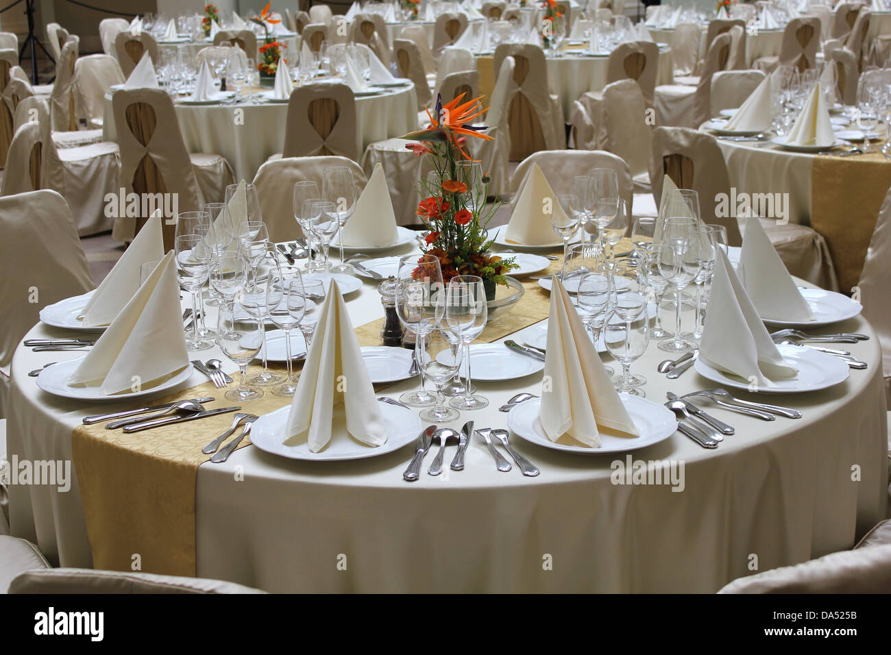 restaurant tables set for a business event Stock Photo - Alamy