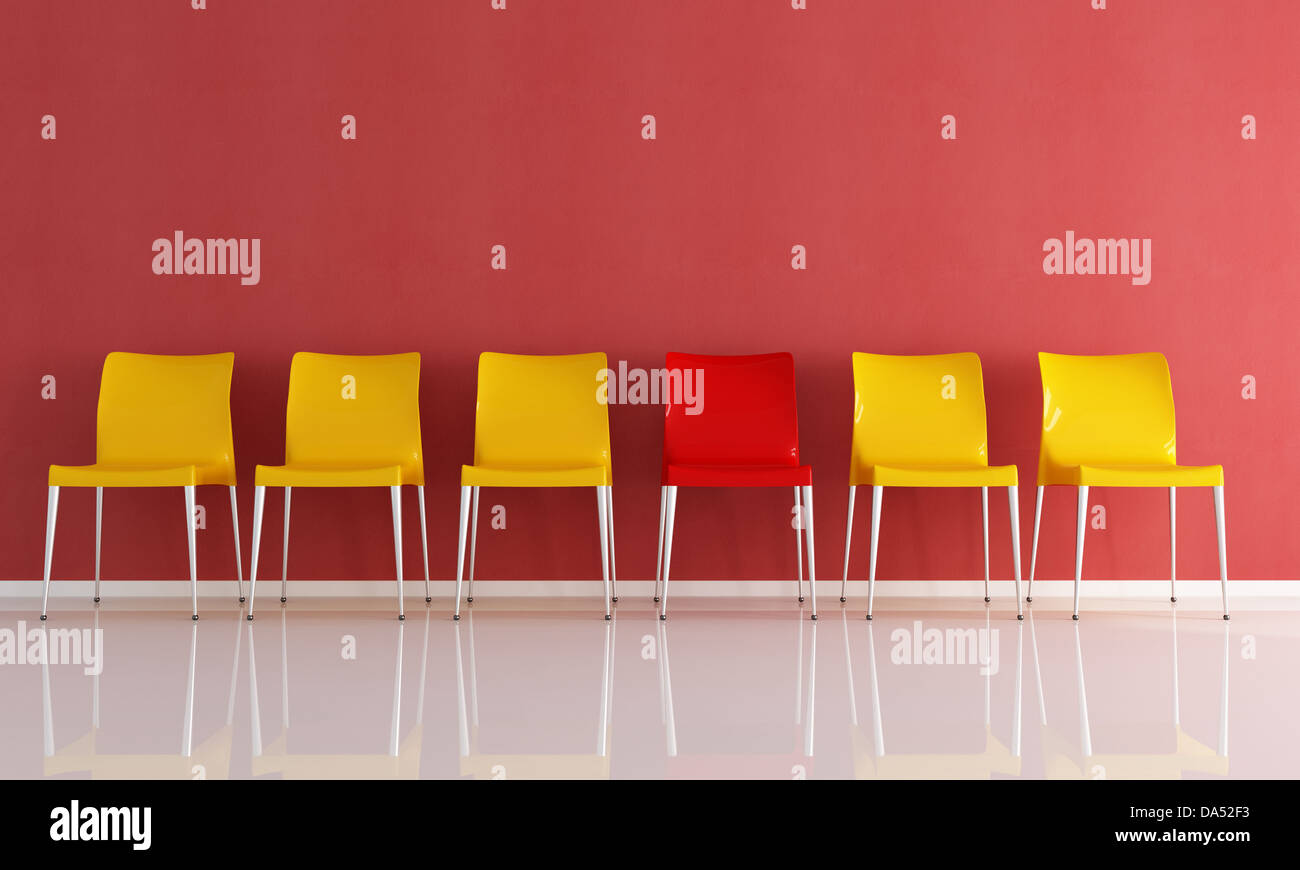 series of plastic chairs against red wall -rendering Stock Photo - Alamy