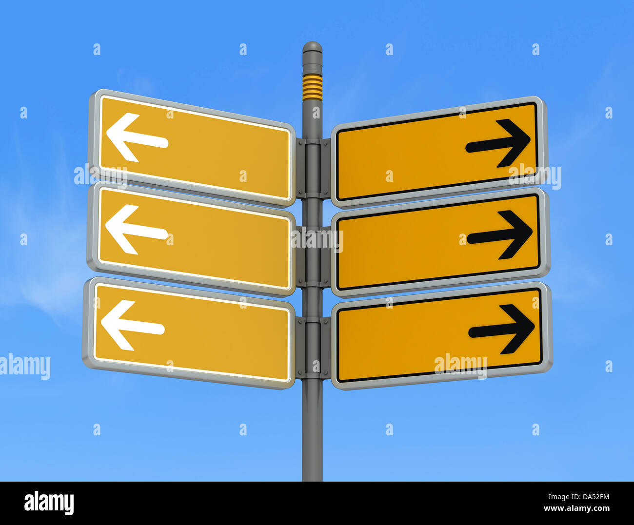 six yellow empty road sign-post against blue sky -rendering Stock Photo ...