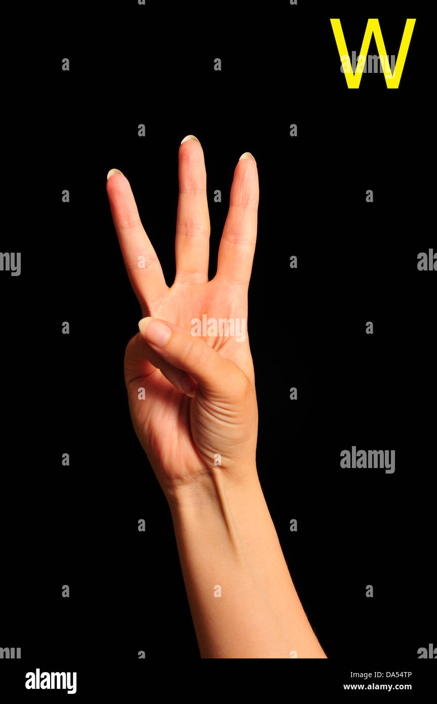 ASL alphabet of signs for deaf, letter W Stock Photo - Alamy