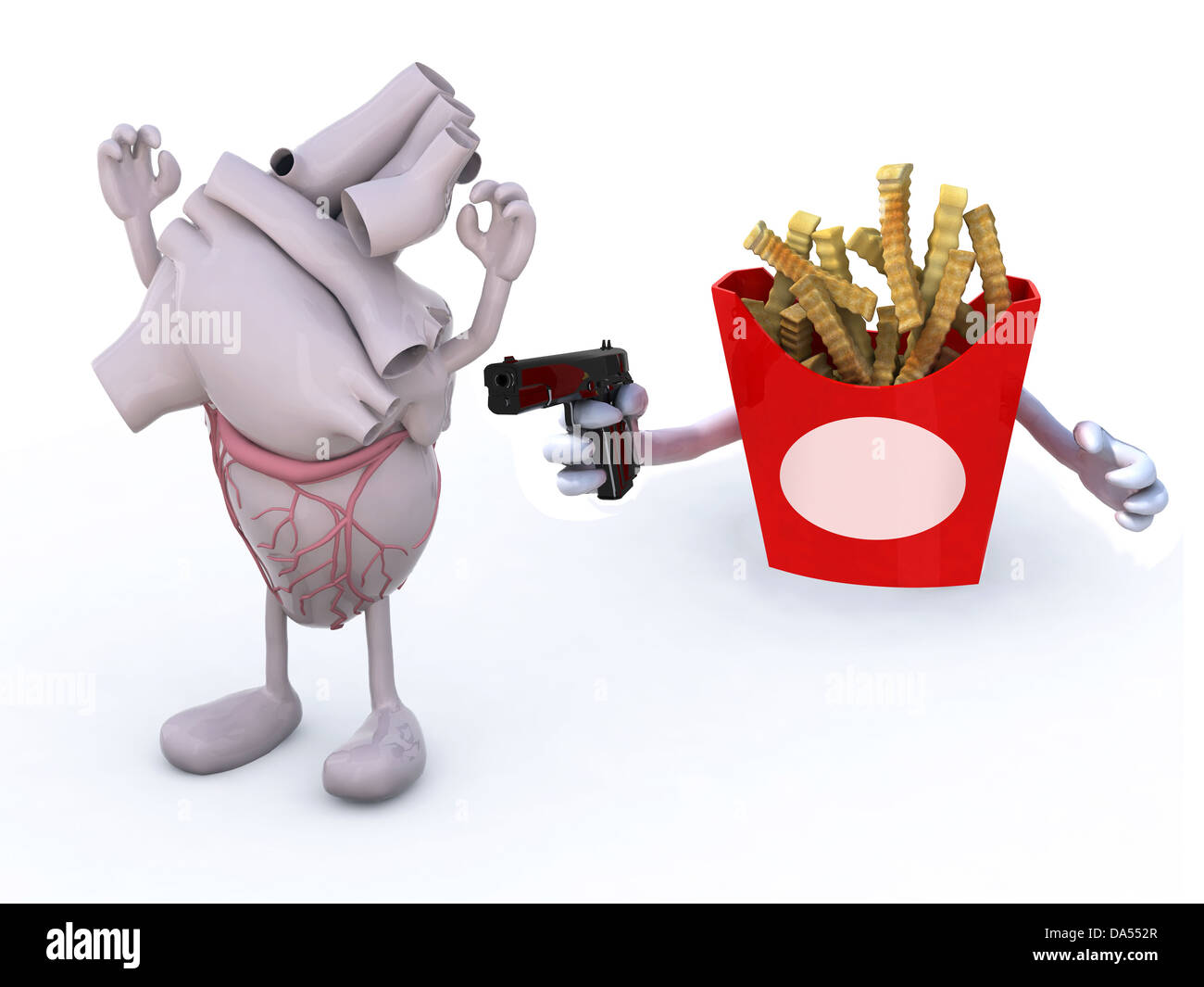 potato chips with arms wielding gun to the human heart, 3d illustration ...