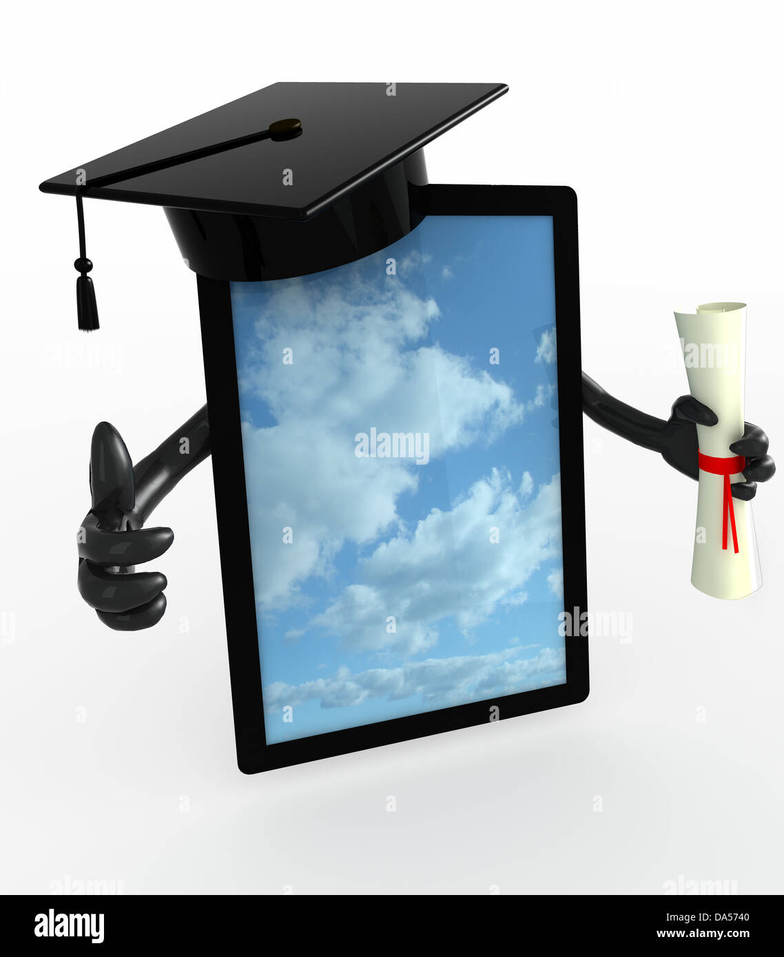 tablet pc with arms, Graduation Cap and Diploma, 3d illustration Stock ...