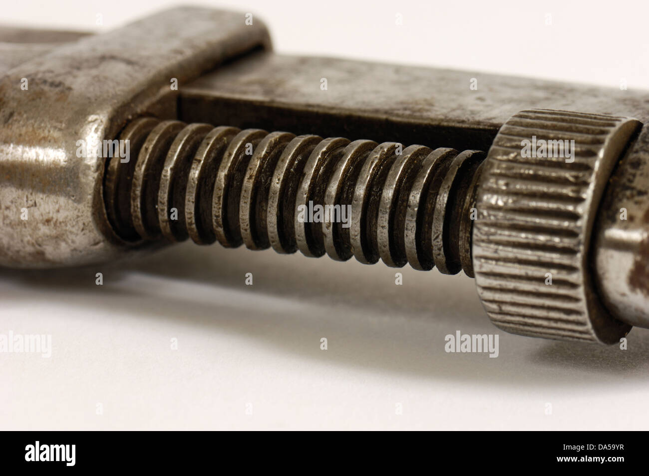 Close up of the steel screw thread on an old 'monkey wrench' tool Stock ...
