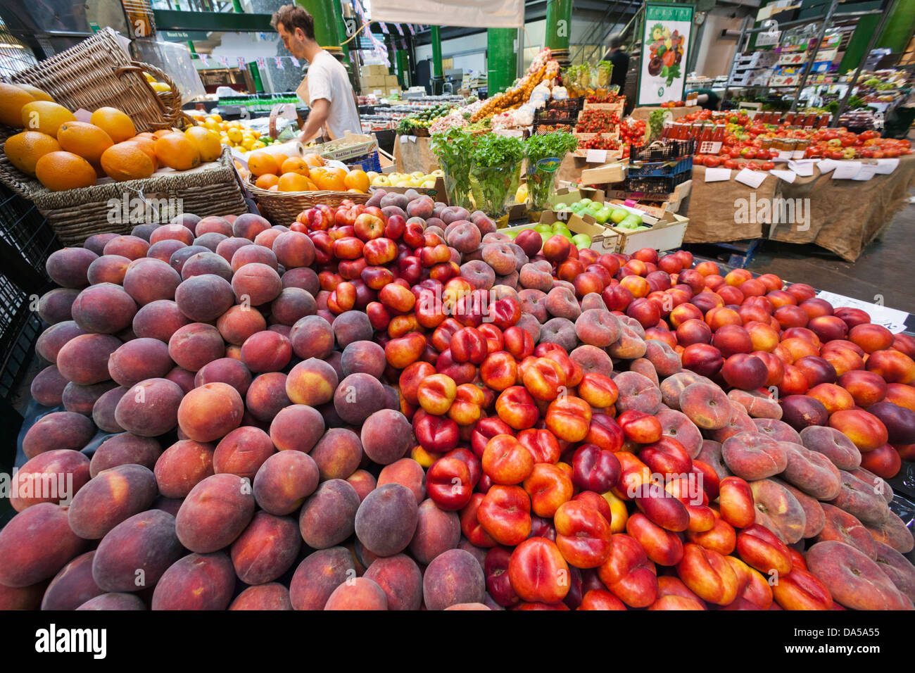 England, London, Southwark, Borough Market, Display of Peaches and ...