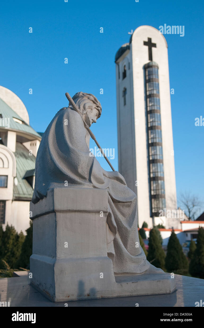 Sculpture at the back of Peter the Apostle parish church in Wadowice ...