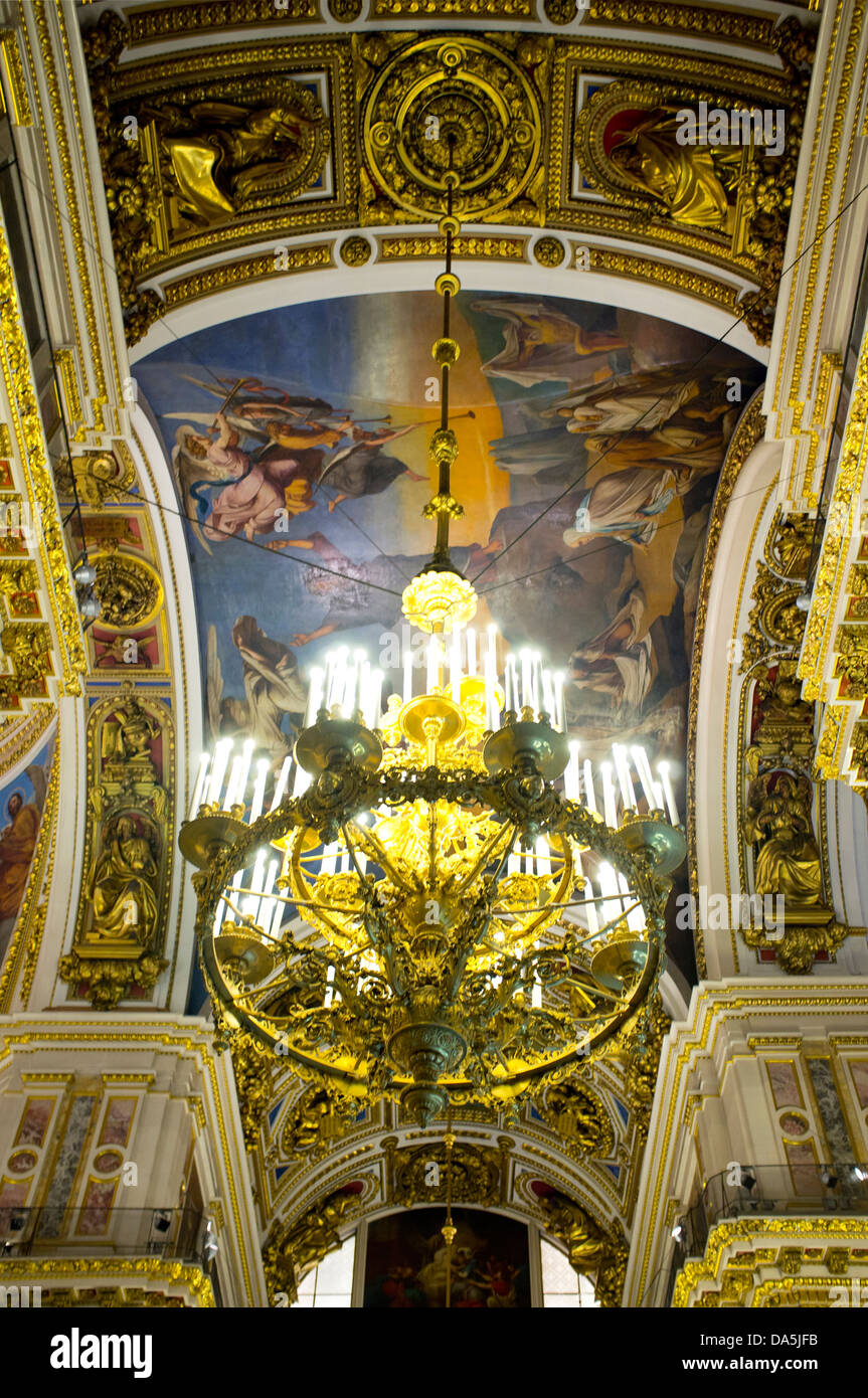 Ornately decorated ceiling covered in murals & a gold ad crystal ...