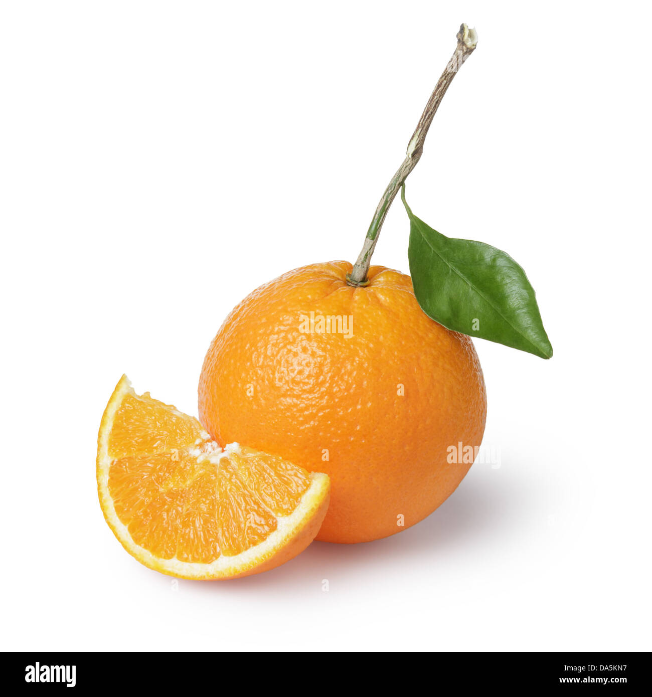 ripe round oranges with stem and leaf, isolated on white background ...