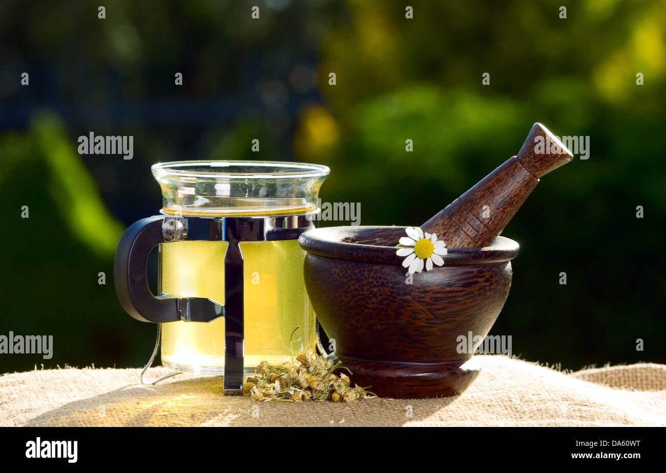 Wooden pestle with chamomiles and green tea on the table Stock Photo ...