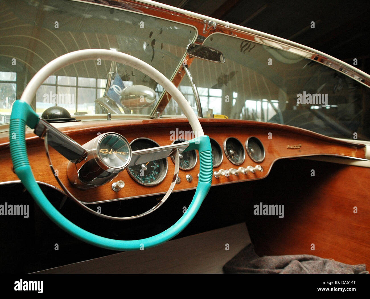 The cockpit of a not yet restored 'Riva' boat is pictured in a hall in ...