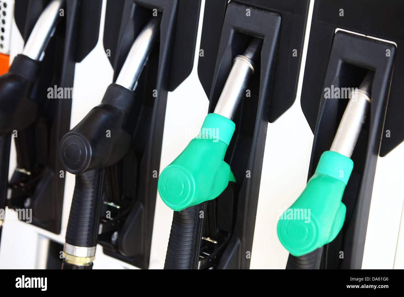 Horizontal shot of some fuel pumps at a gas station Stock Photo - Alamy