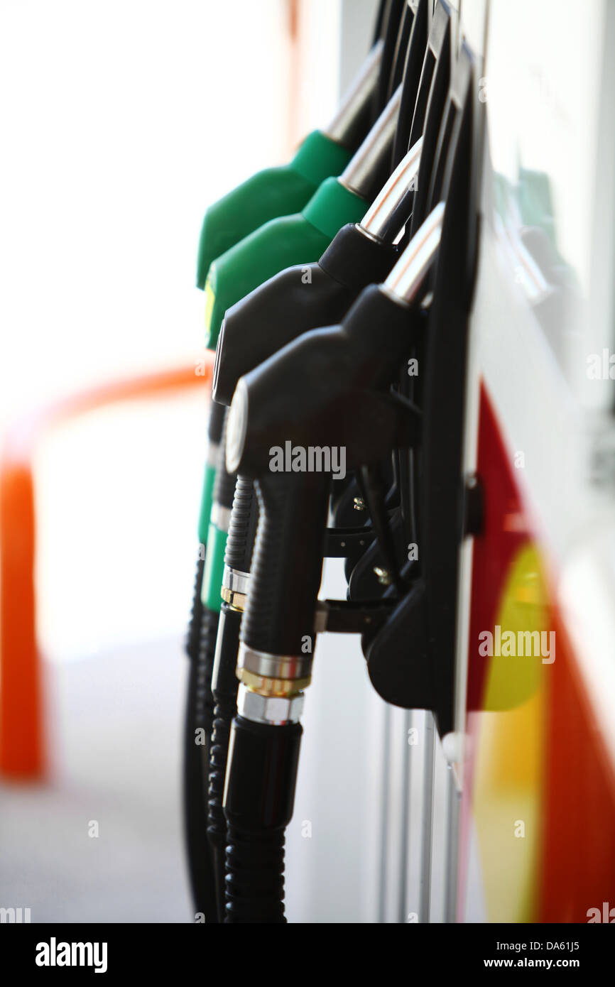Horizontal shot of some fuel pumps at a gas station Stock Photo - Alamy