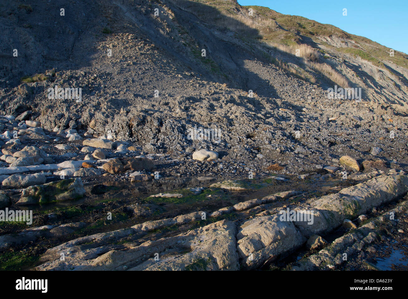 A scree of mudslide debris from a collapsed cliff at Black Head near ...