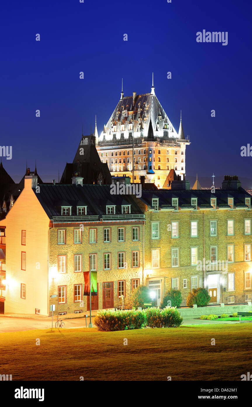 Quebec City old buildings with Chateau Frontenac at dusk Stock Photo ...