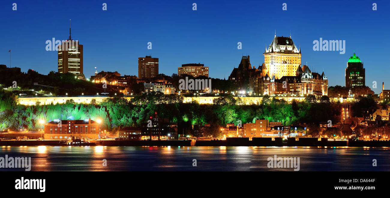 Quebec City skyline panorama at dusk over river viewed from Levis Stock ...