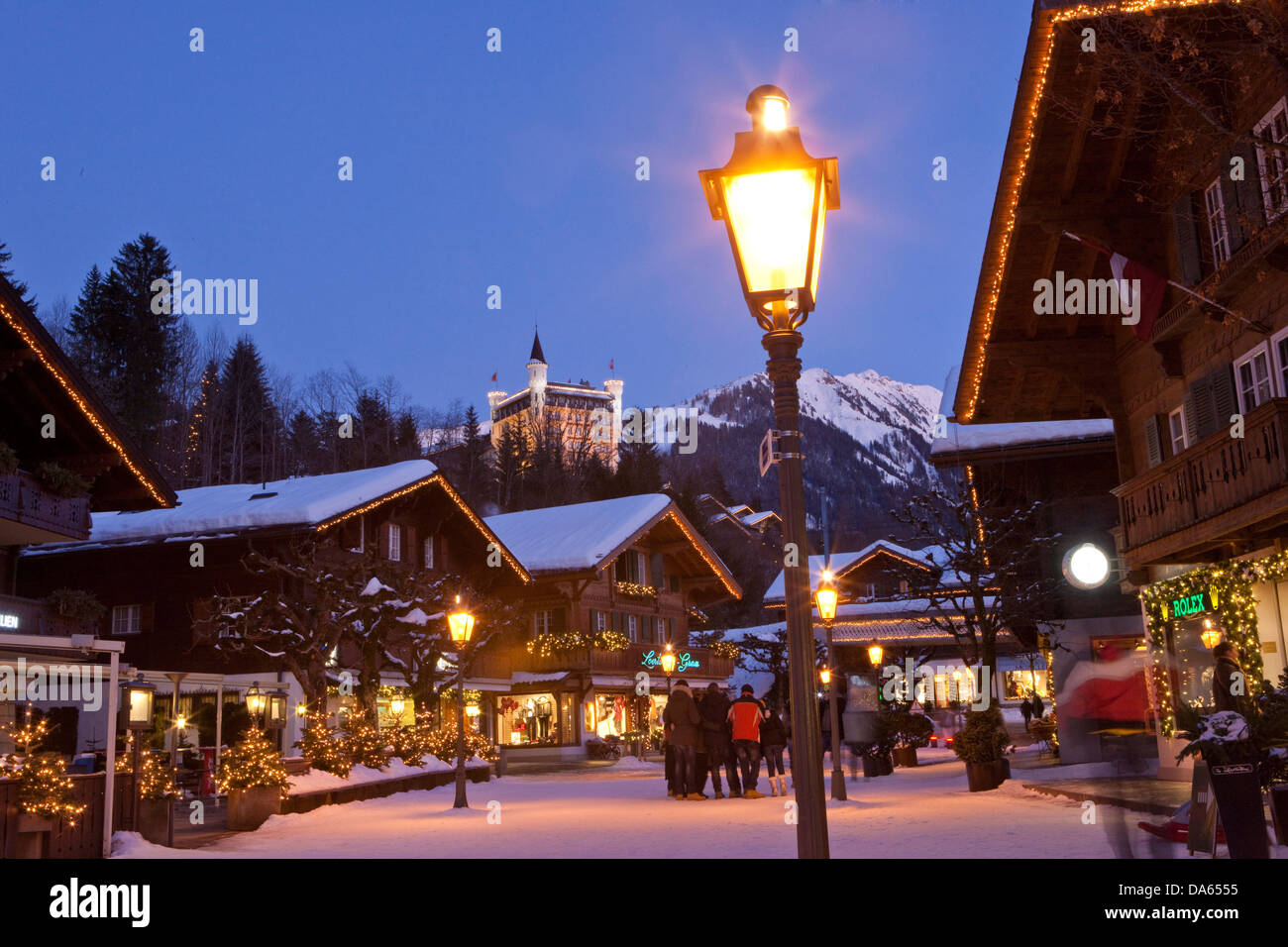 Gstaad, winter, village, night, dark, canton, Bern, Bernese Oberland ...
