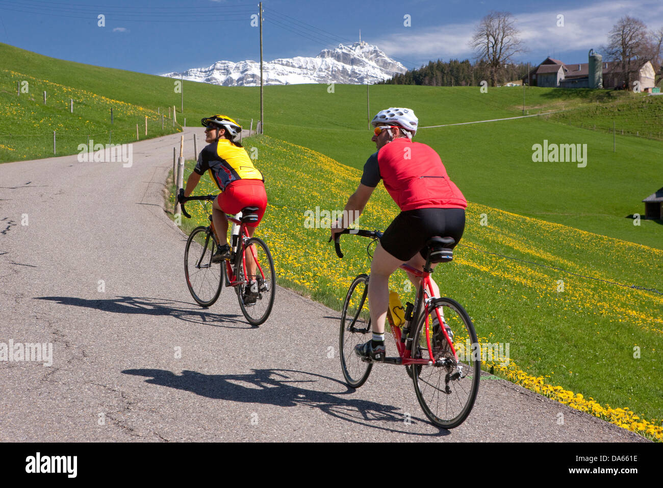 Cyclist, biker, Toggenburg, spring, bicycle, bicycles, bike, riding a ...