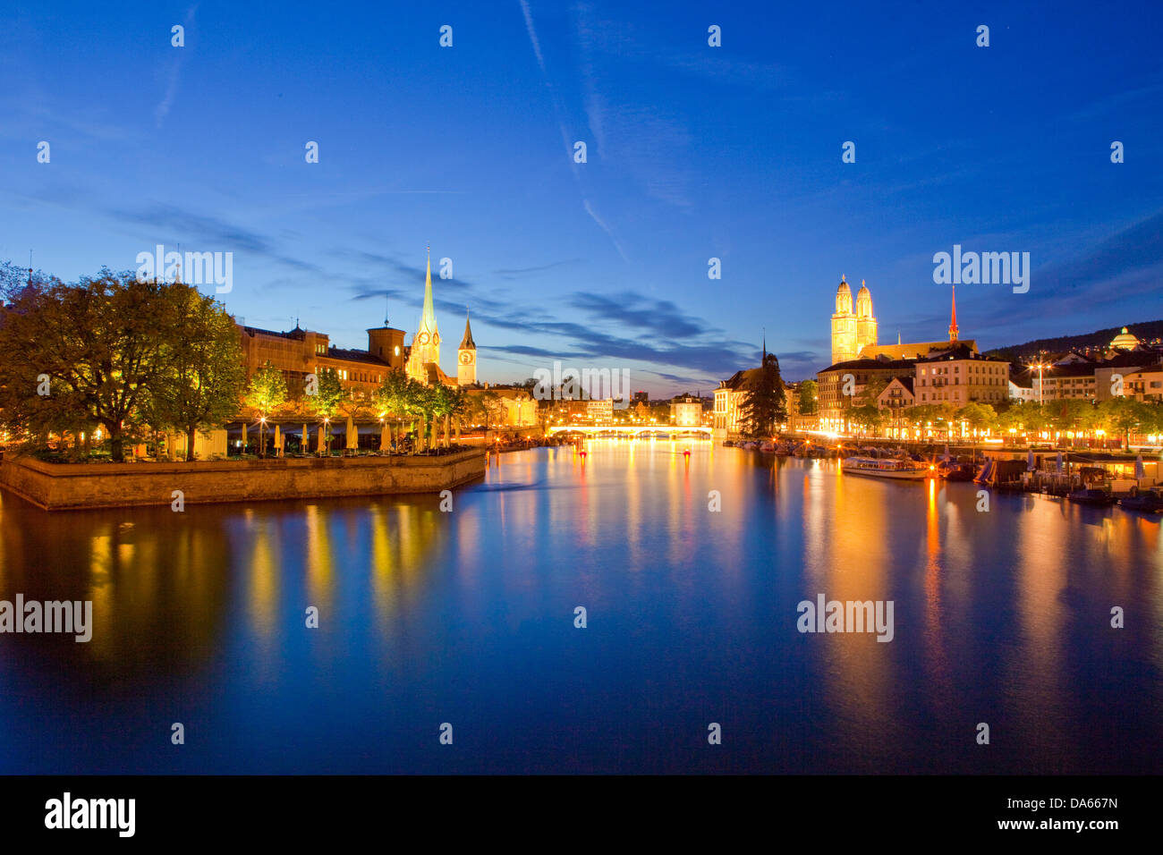 Zurich, Grossmünster, Limmat, river, flow, brook, body of water, water ...