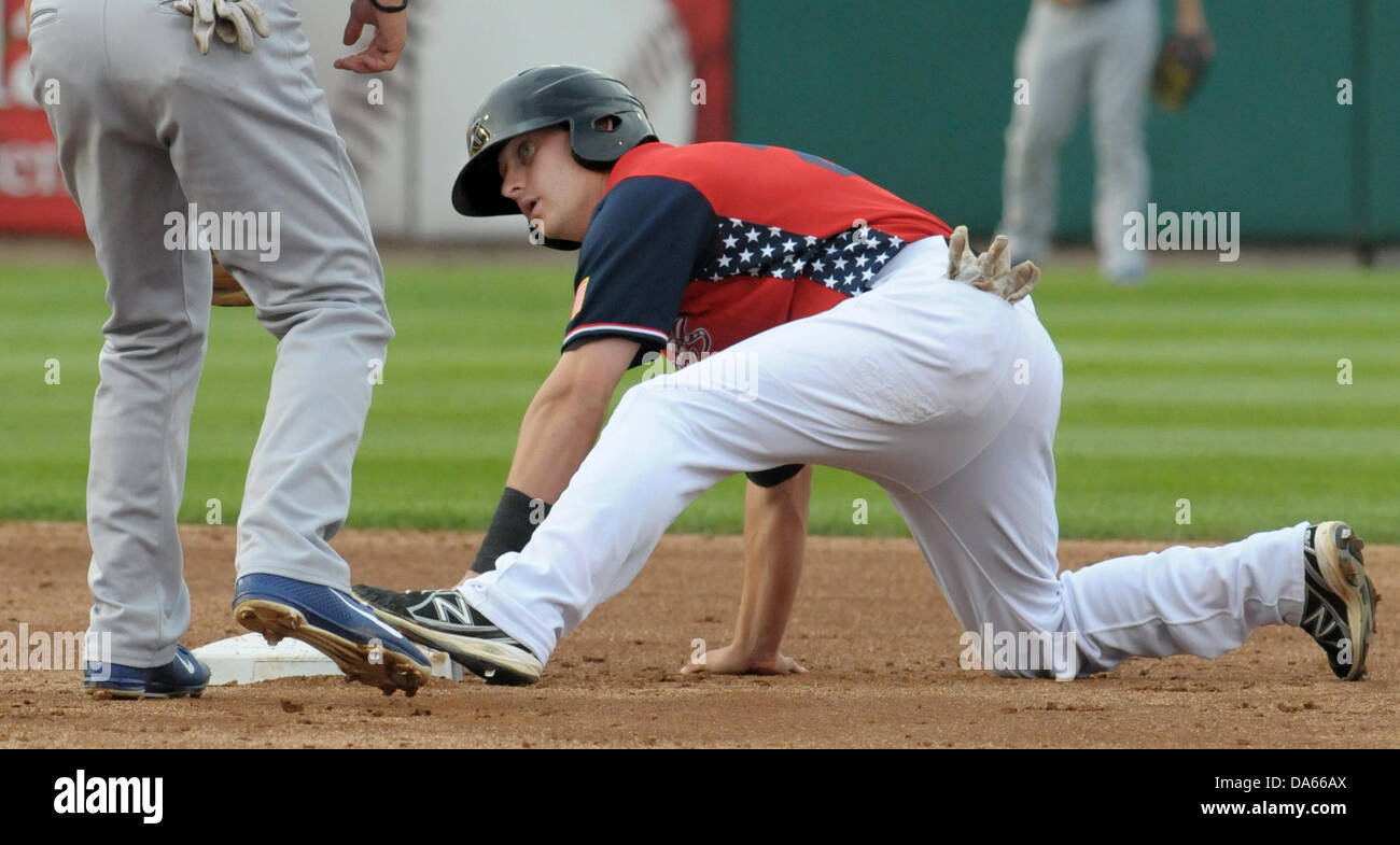 July 4, 2013 - U.S. - Greg Sorber -- The Isotopes Matt Angle steals ...
