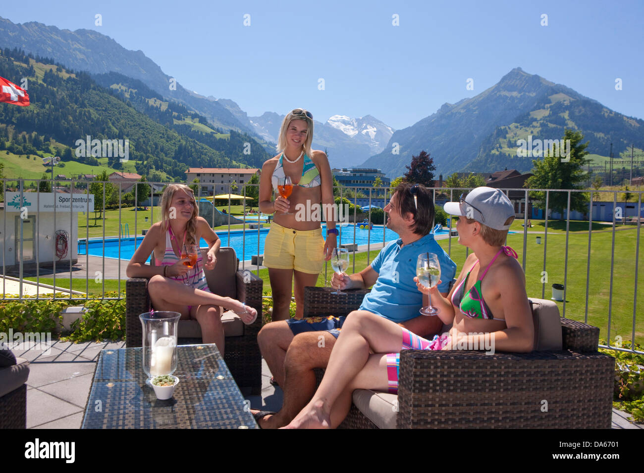 Group, restaurant, swimming-pool, Frutigen, Bernese Oberland, canton ...