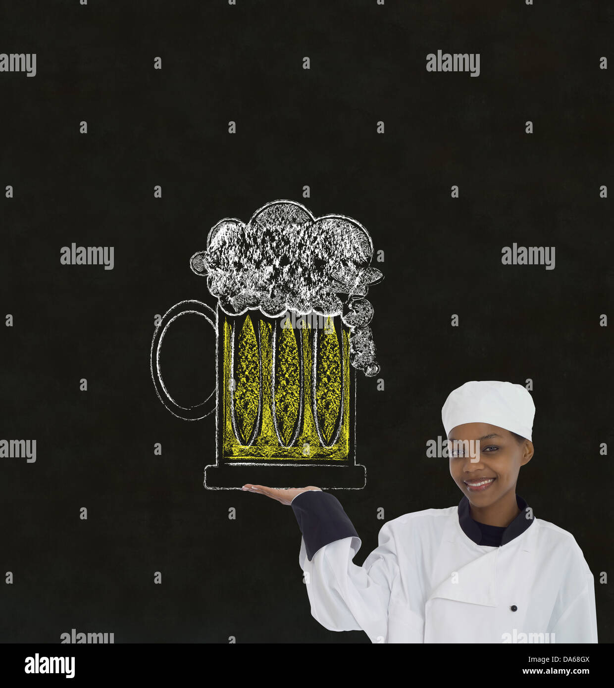 Woman female African or African American chef holding beer drink on ...