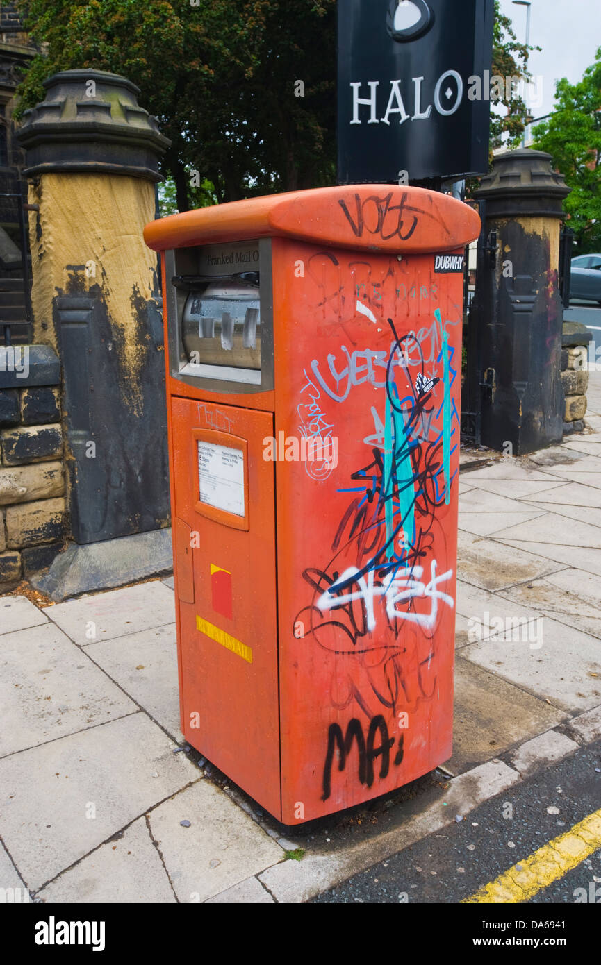 Vandalised graffiti covered post box in Leeds West Yorkshire England UK ...