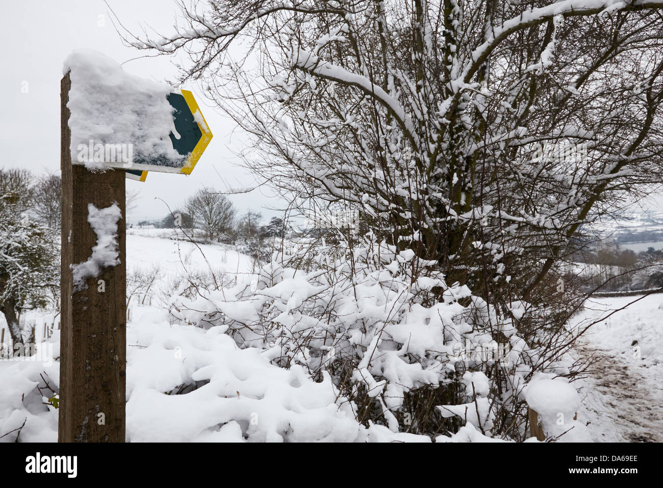 A footpath sign covered with wind-blasted snow, at Blagdon, in Somerset ...