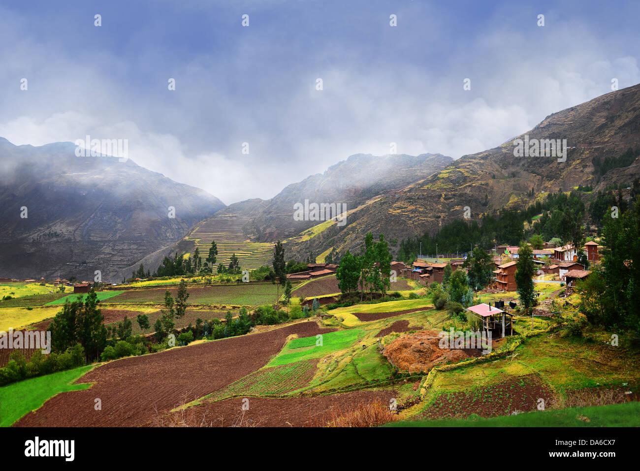 Peruvian village in mountains. Peruvian agriculture on high mountains ...