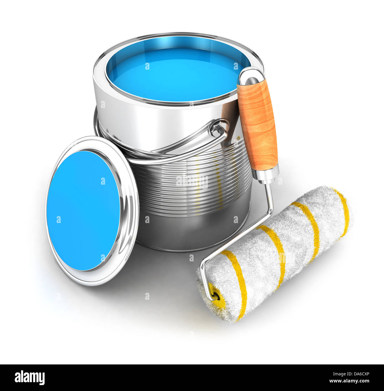 3d paint can and a roller brush, isolated white background, 3d image ...