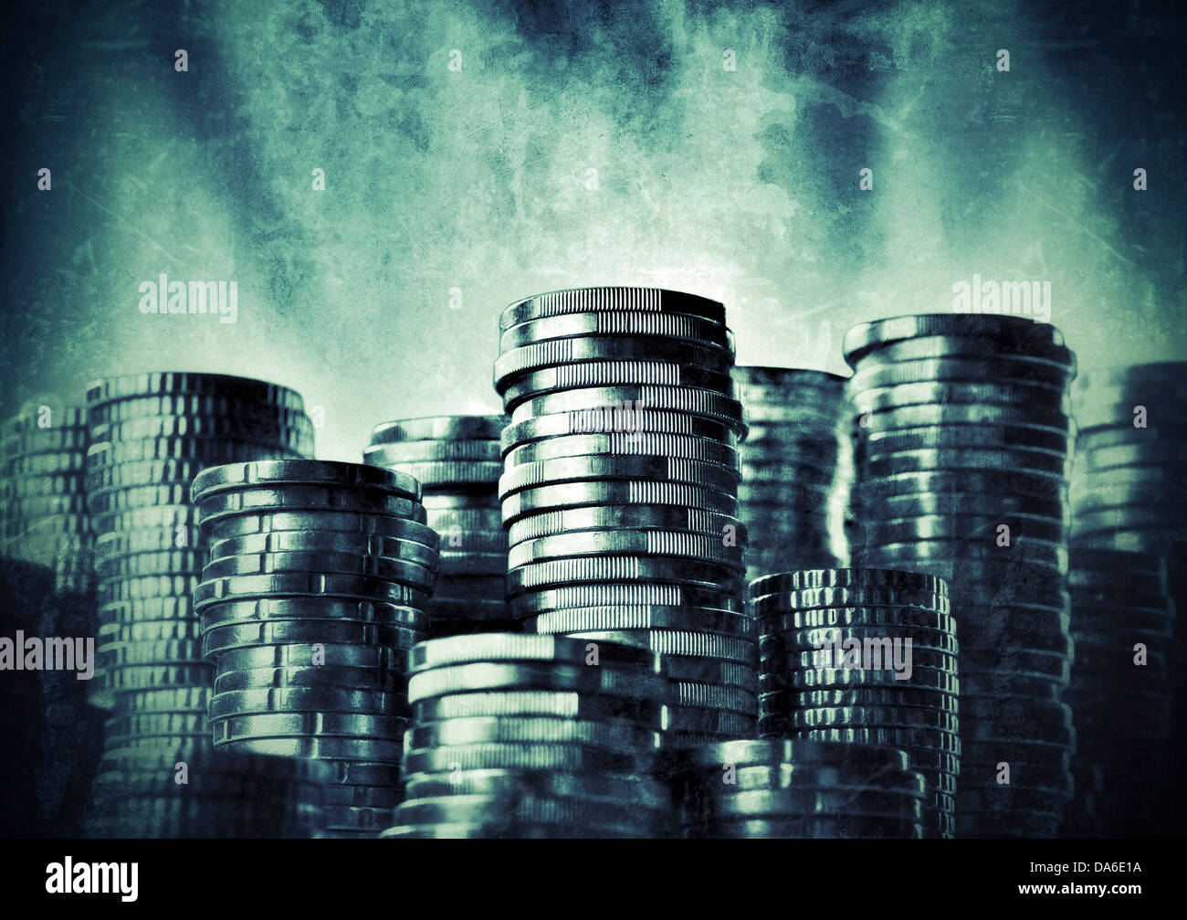 Several stacks euro coins in grunge style Stock Photo - Alamy