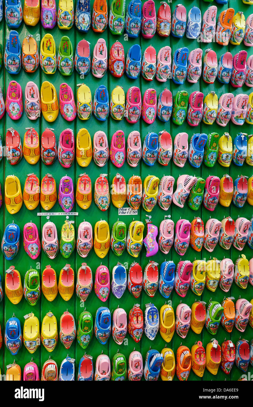 Rows of painted small clogs souvenirs in the Singel Flower Market ...