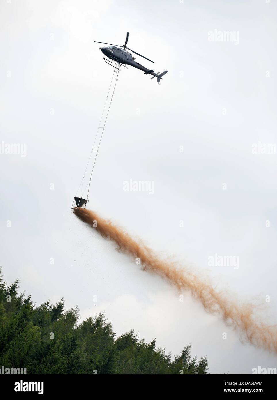 A Eurocopter AS 350 B3 helicopter delivers lime to a forest near ...