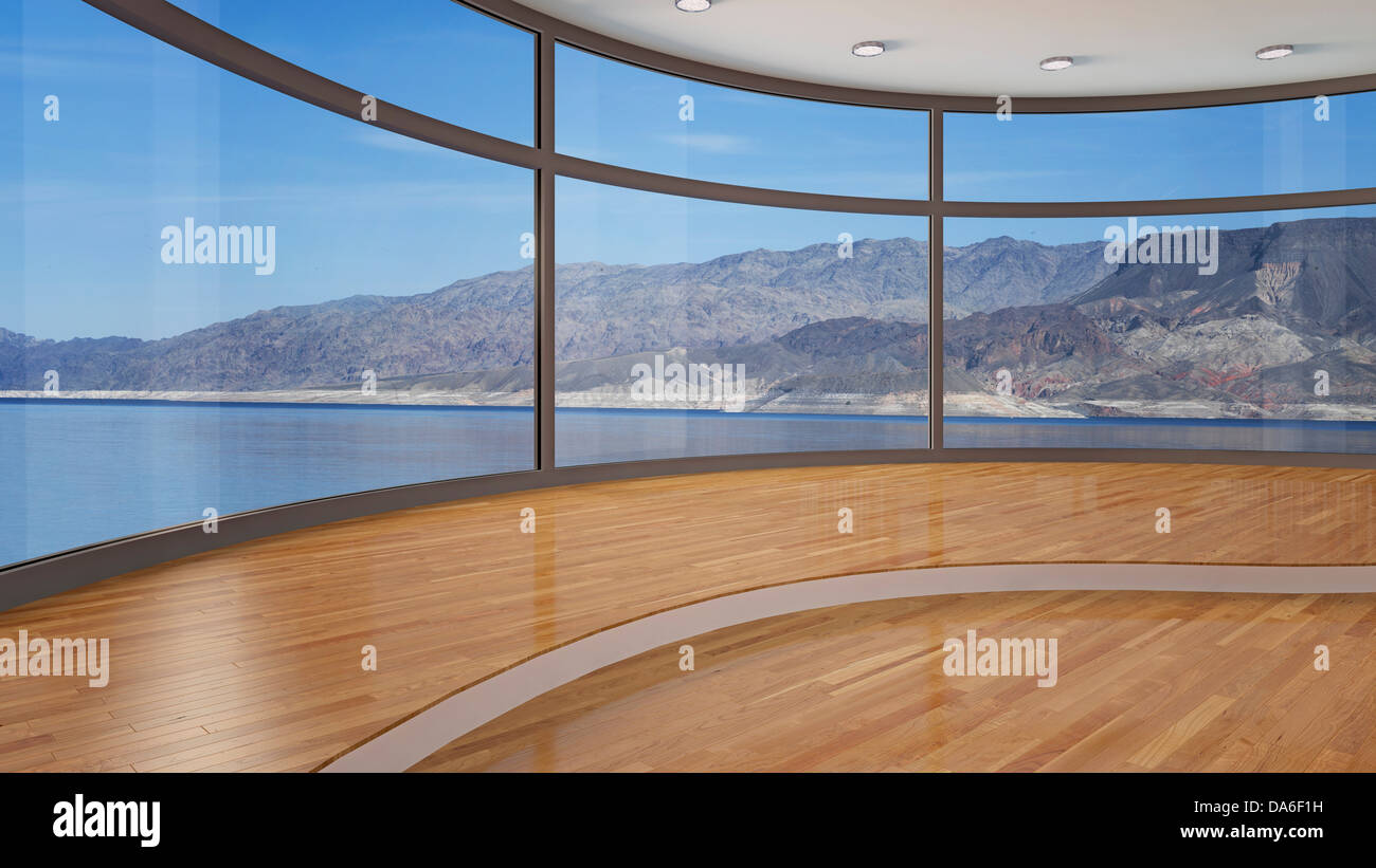 Empty room with a sea view, 3D illustration Stock Photo - Alamy