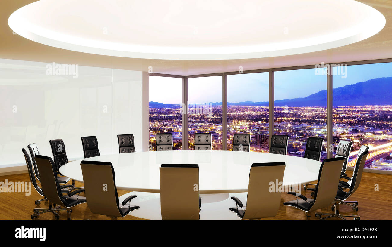 Conference room with a view of the city, 3D illustration Stock Photo ...