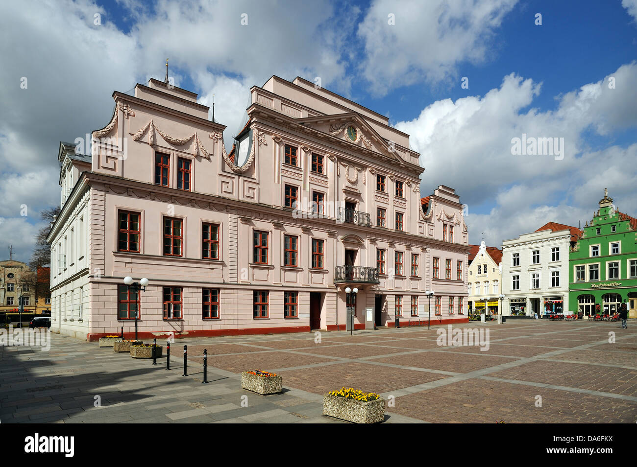 The neo-classical Town Hall of Guestrow, built in 1890, with the market ...