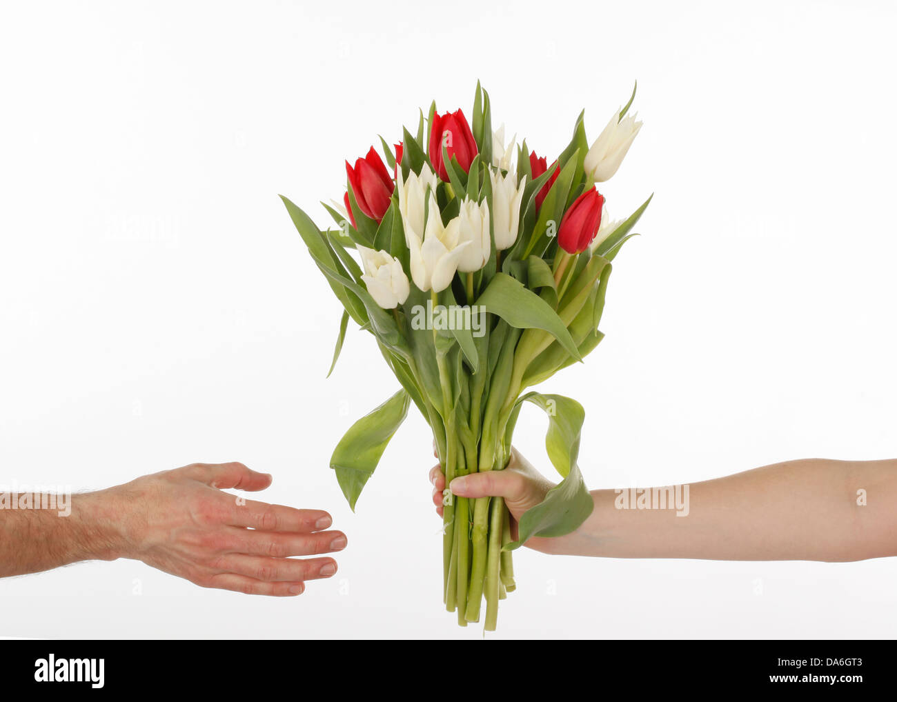 Woman giving bunch of tulips to man Stock Photo - Alamy