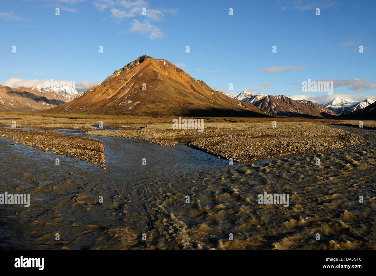 The Alaska Range with the meandering Toklat River, evening mood Stock ...