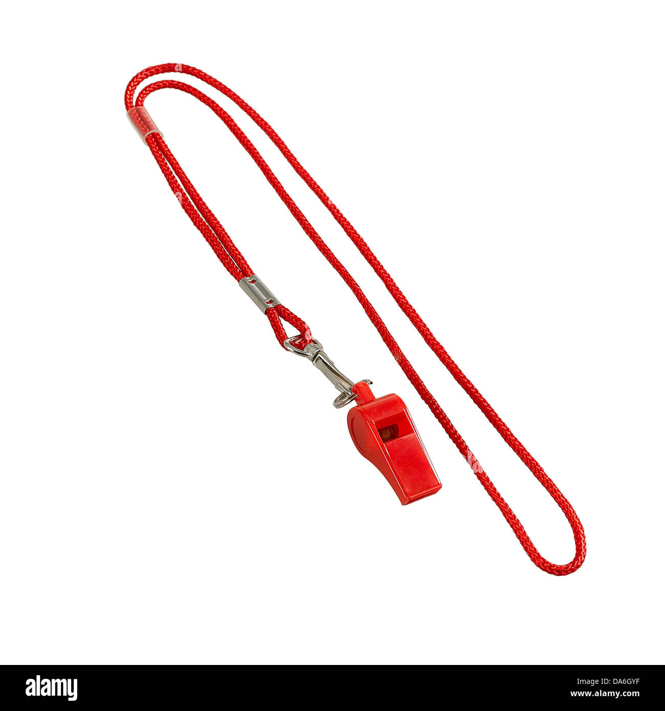 Red plastic whistle on white background Stock Photo - Alamy