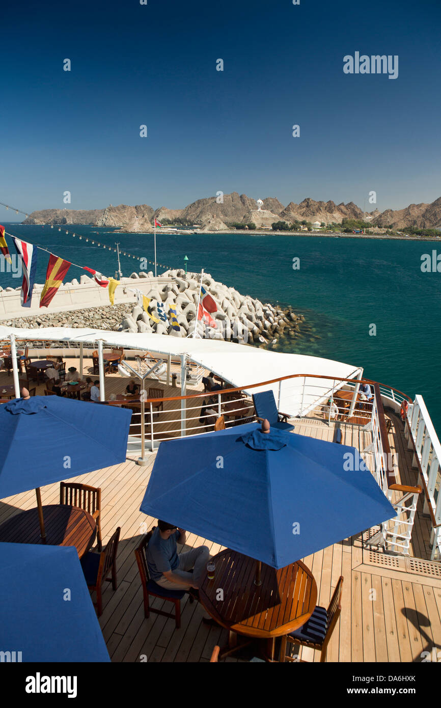 Oman, Muscat, Sultan Qaboos port, shore from stern of MV Minerva Stock ...