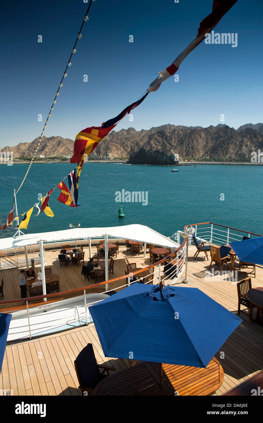 Oman, Muscat, Sultan Qaboos port, shore from stern of MV Minerva Stock ...