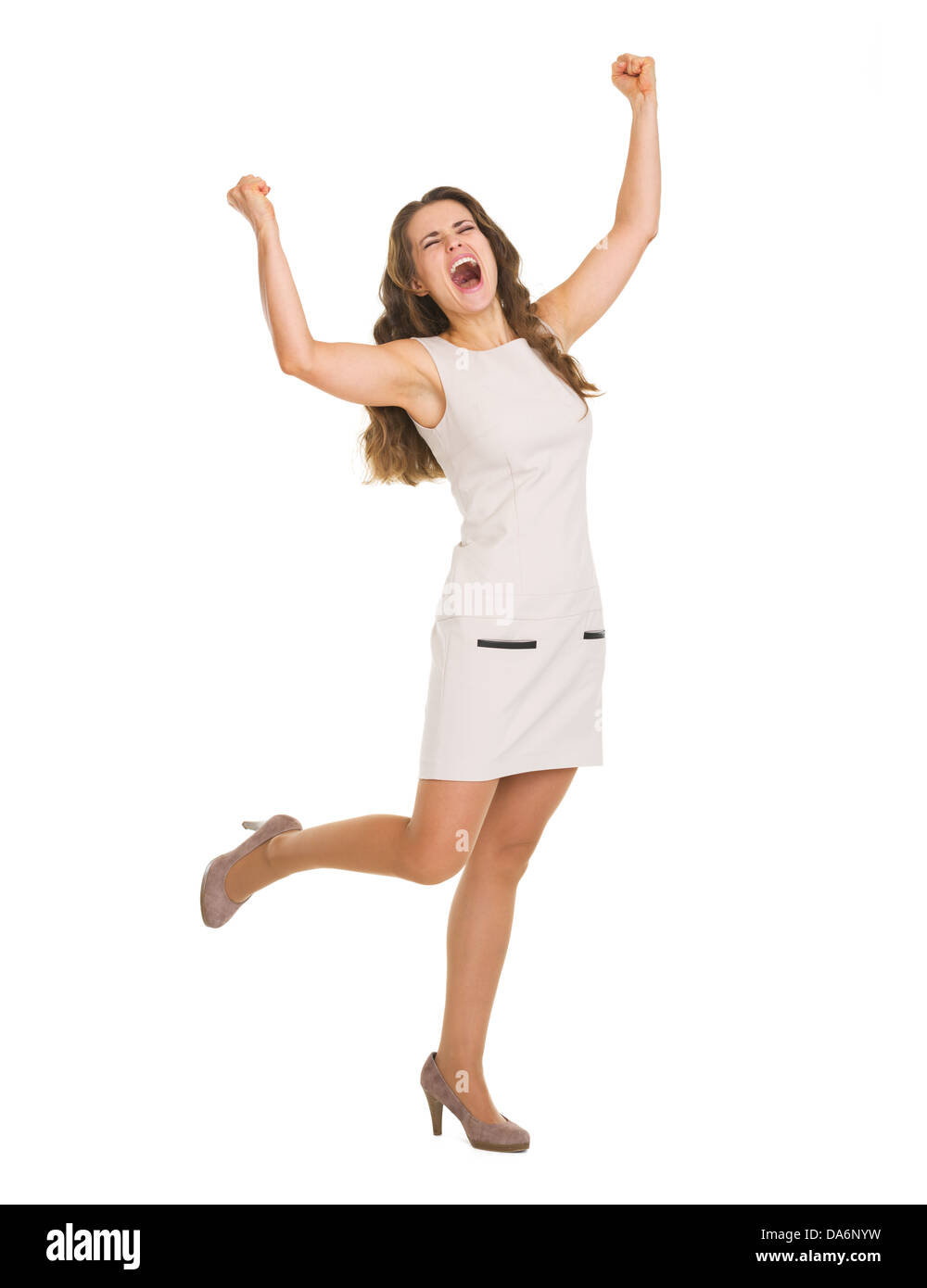 Full length portrait of happy young woman rejoicing success Stock Photo ...