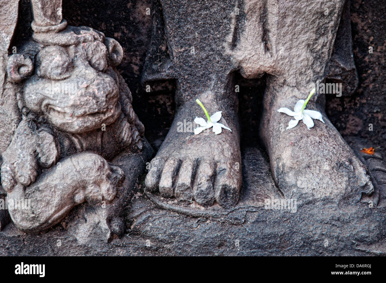 A flower offering lies on the feet of a Hindu statue in a temple ...