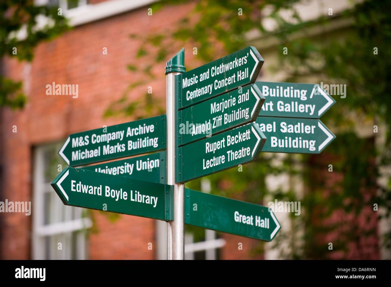 Direction signpost on campus of University of Leeds West Yorkshire ...