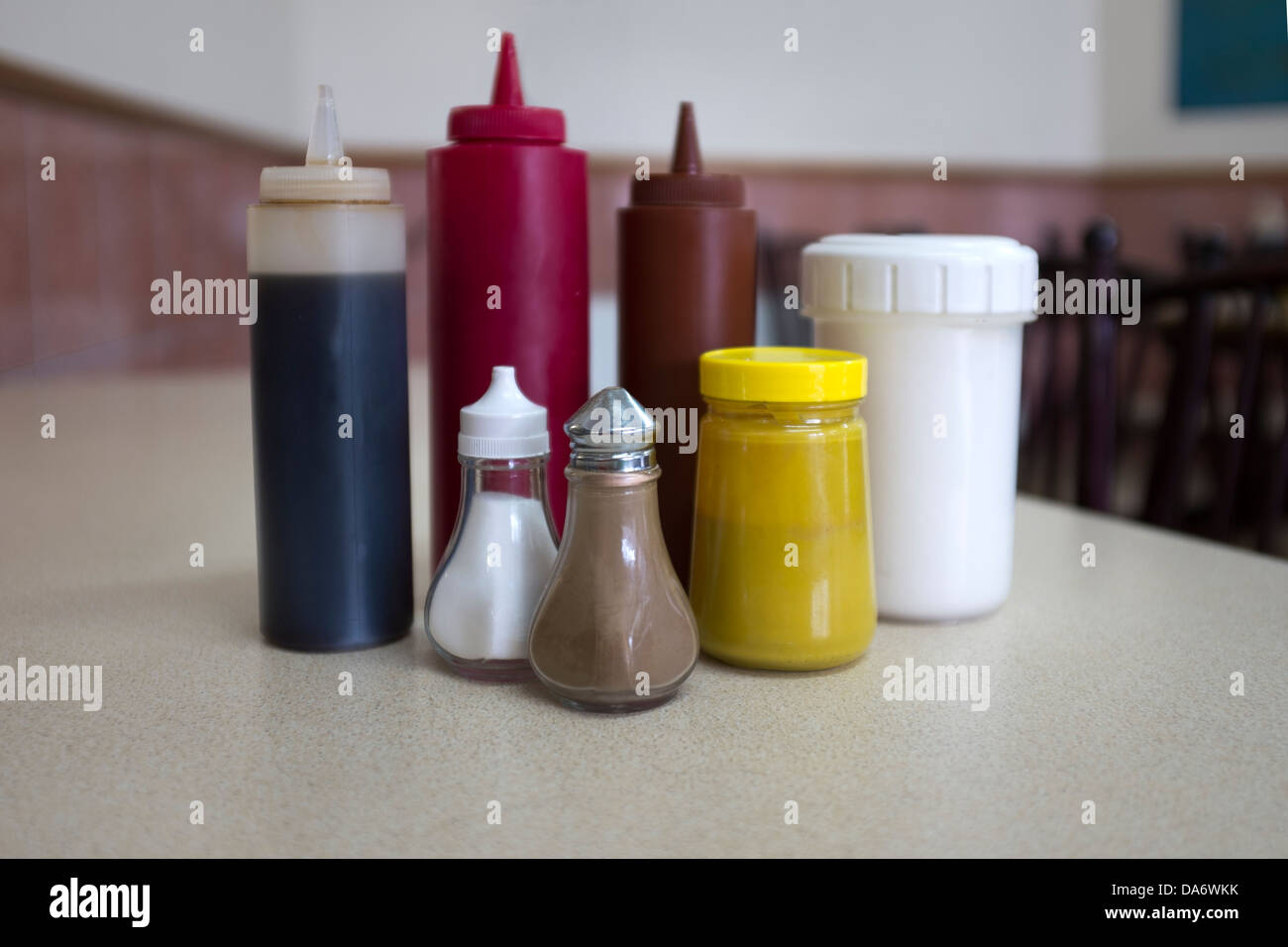 Table with sauces and salt hi-res stock photography and images - Alamy