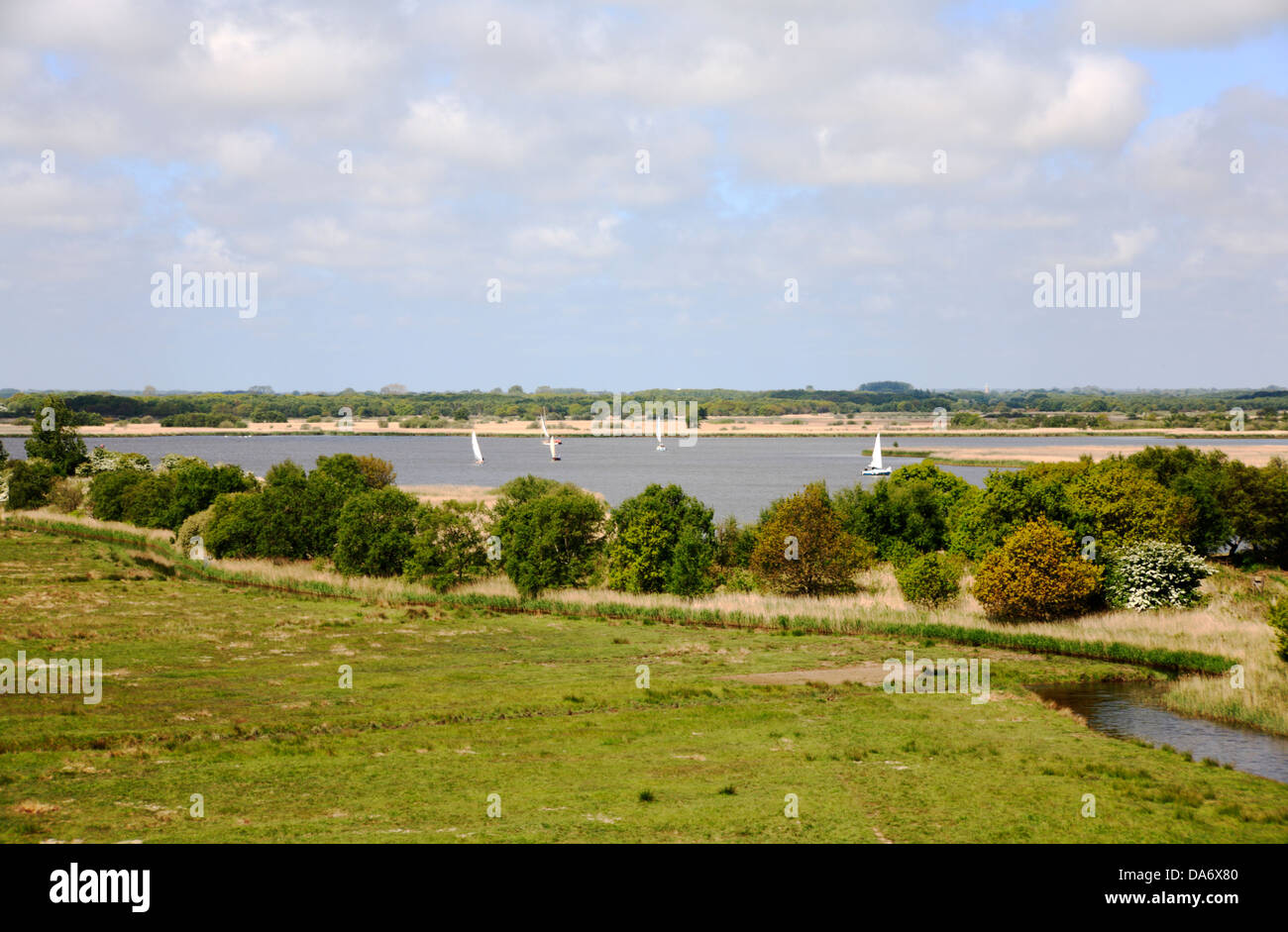 An elevated view of Horsey Mere with sailing dinghies on the Norfolk ...