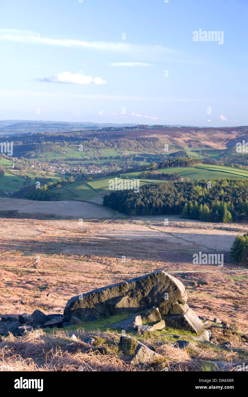 Triangular rock overlooking Hathersage Moor, Peak District, UK Stock ...
