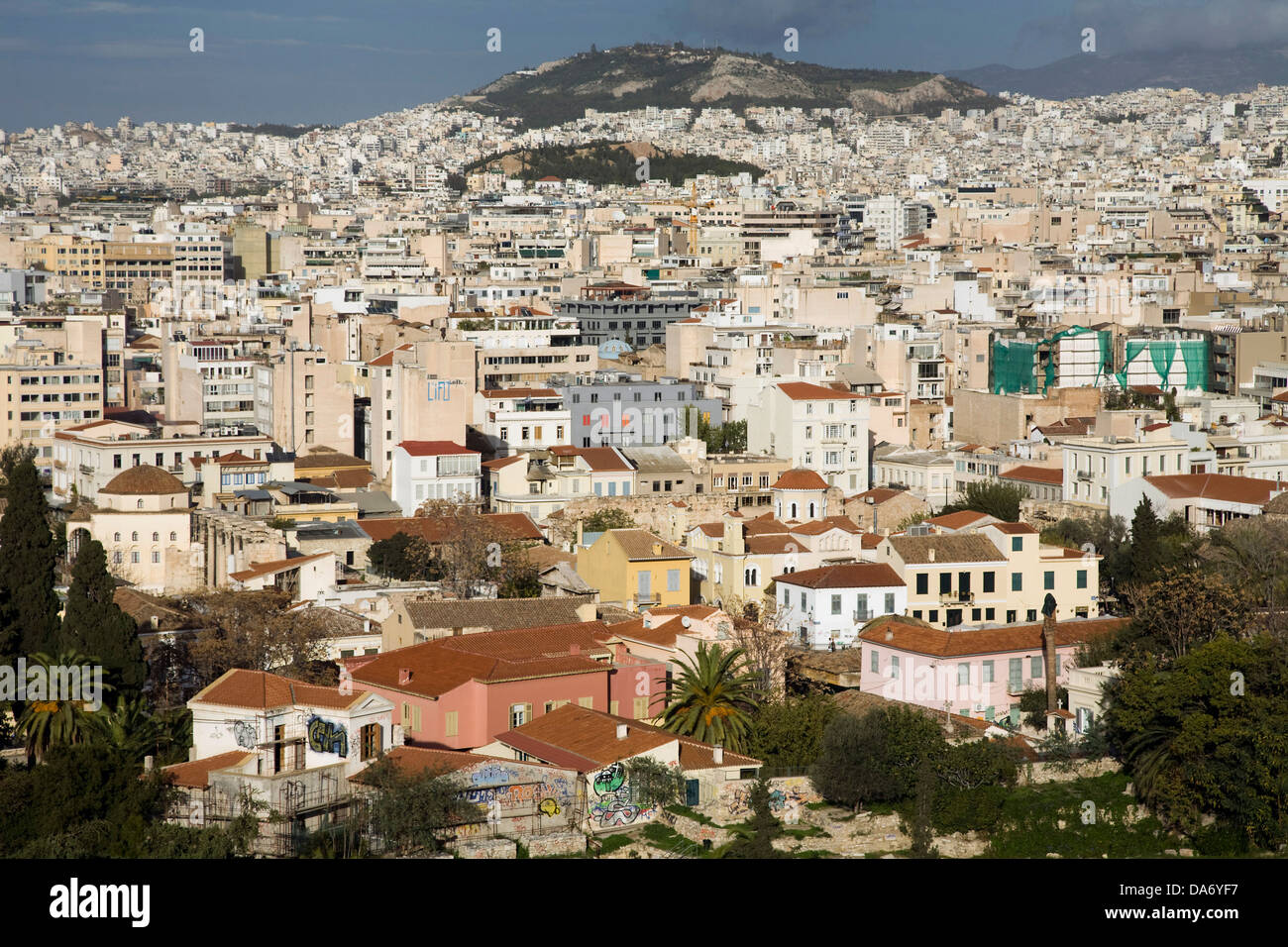 View of downtown Athens from Areopagus Rock in central Athens, Greece ...