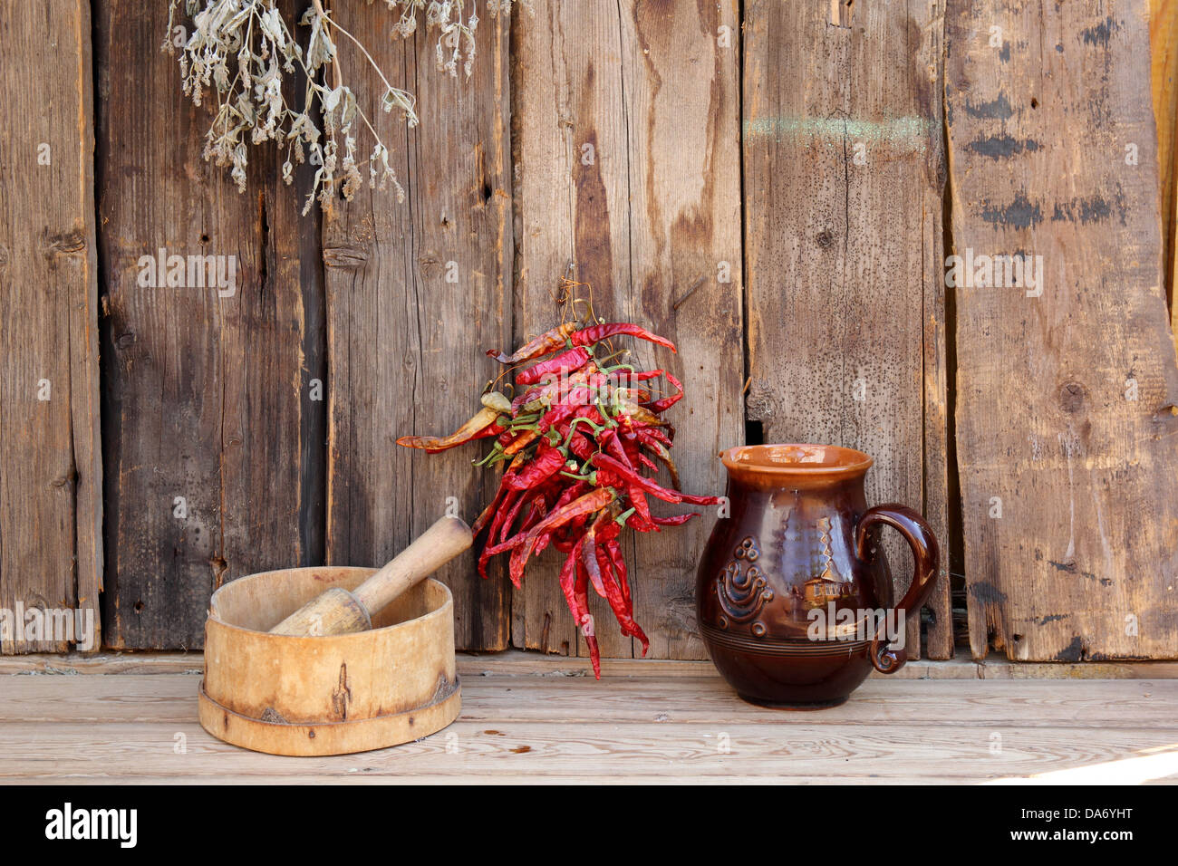 Still Life with Jug, red pepper and utensils Stock Photo - Alamy