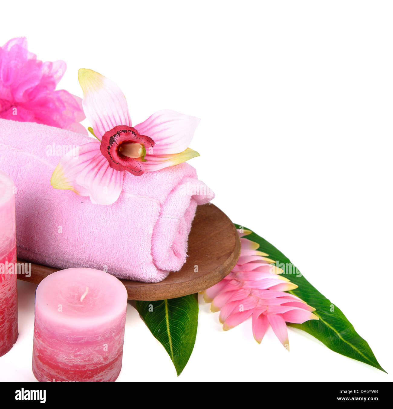 Spa setting in pink tone isolated in white Stock Photo - Alamy