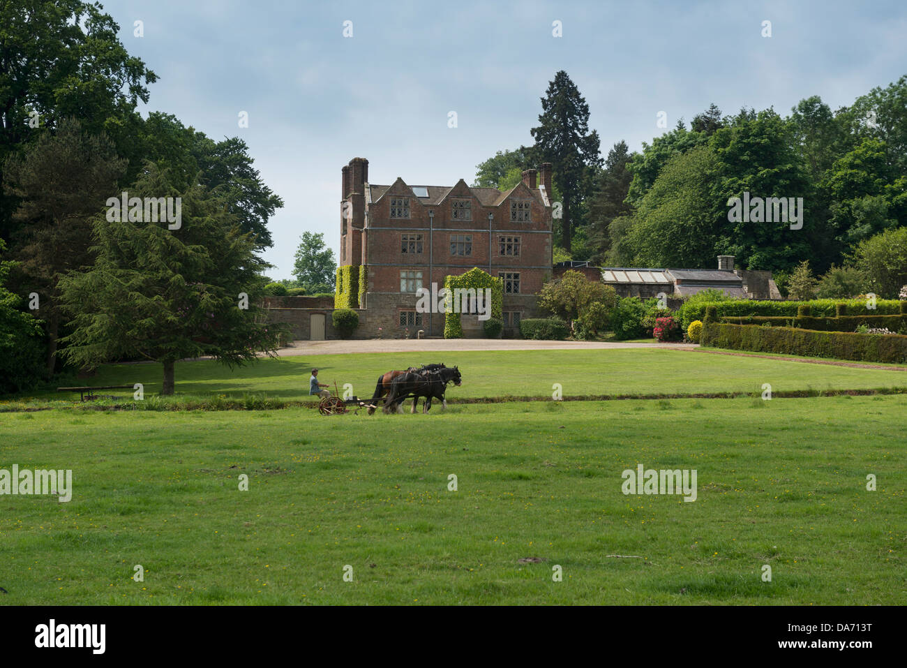 A pair of Heavy Horses working the land with vintage farm machinery at ...