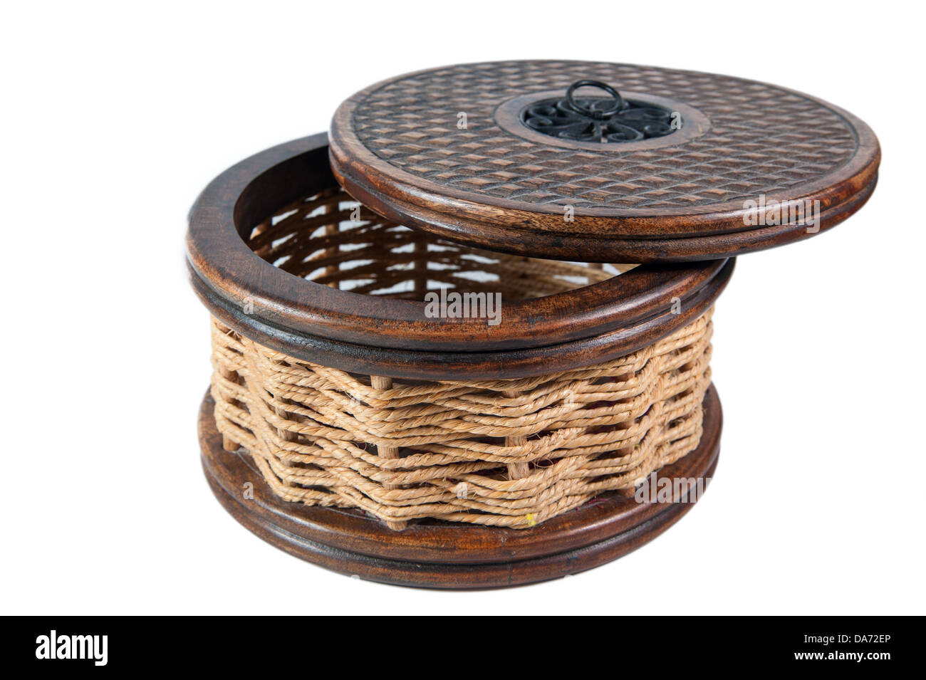 Vintage round wooden and wicker decorative case Stock Photo - Alamy